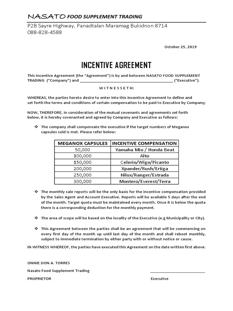 Incentive Agreement | PDF | Finance & Money Management | Law