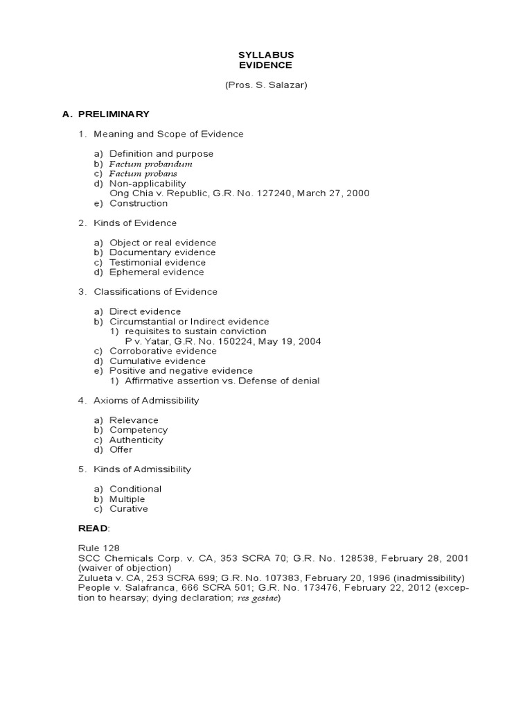 Factum Probandum Factum Probans: Syllabus Evidence | PDF | Hearsay ...