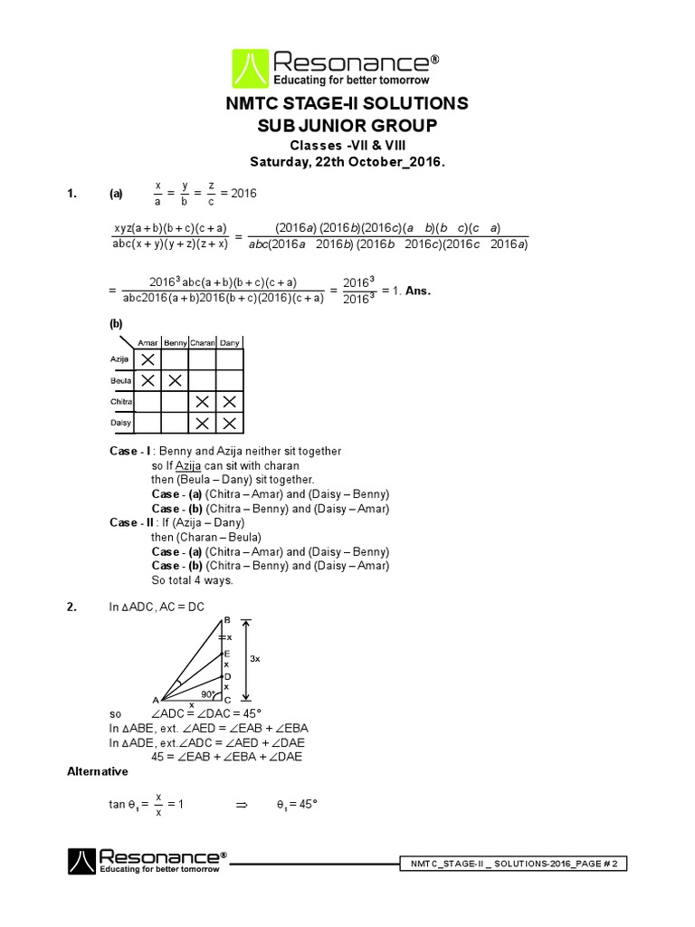 NMTC Stage 2 2016 Solutions Sub Junior Group 7 8 | PDF | Elementary Mathematics | Euclidean Geometry