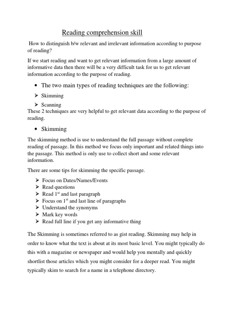 Reading Comprehension Skill | PDF | Speed Reading | Reading Comprehension