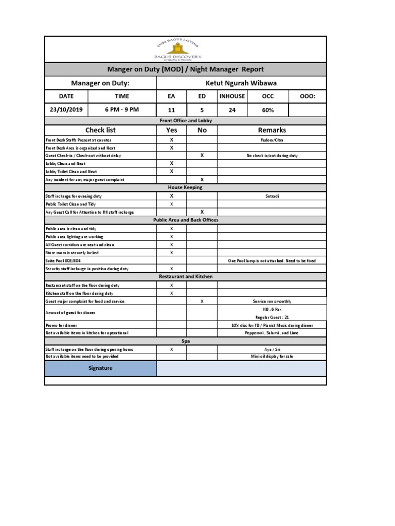 Manager On Duty Report | PDF | Hospitality Companies | Hotel