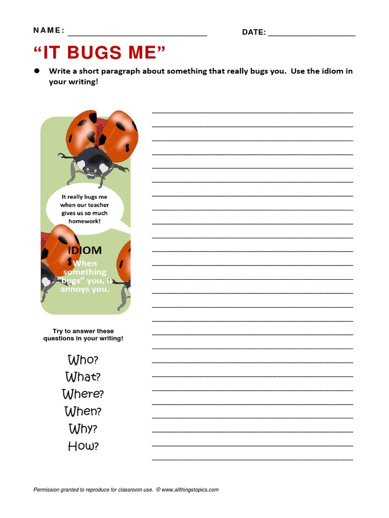 Bugs Me Idiom Writing Activity | PDF | Learning | Cognition