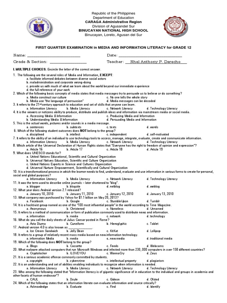 Name: - Date: - Grade & Section: - Teacher: Nhel Anthony P. Derecho ...