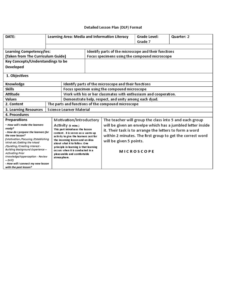 Grade 7 Microscope Lesson Plan | PDF | Lens (Optics) | Learning