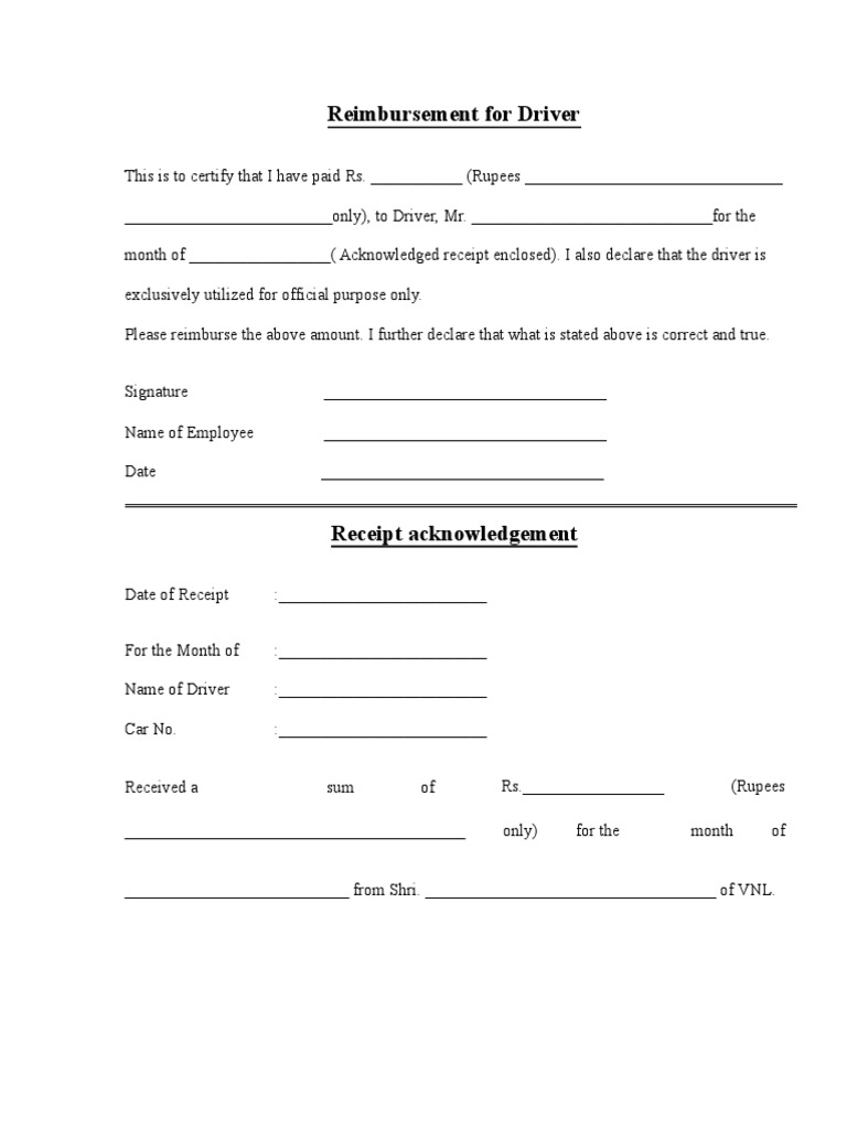 Driver Salary Reimbursement Receipt Format | PDF