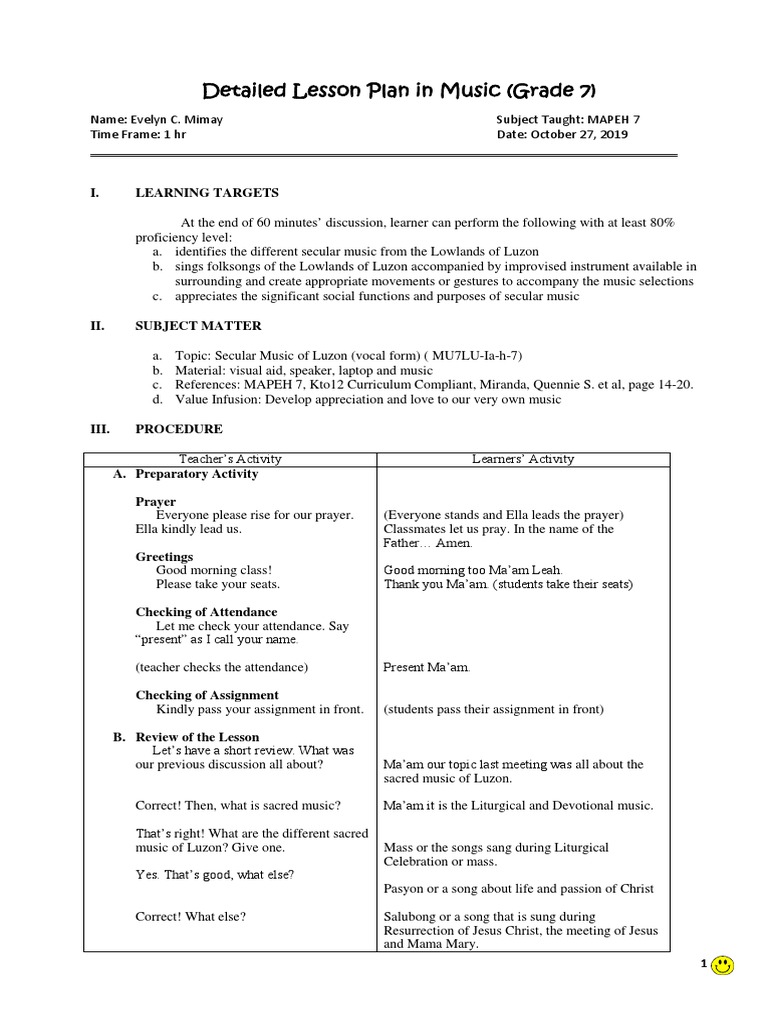 Detailed Lesson Plan in Music (Grade 7) | PDF | Performing Arts ...