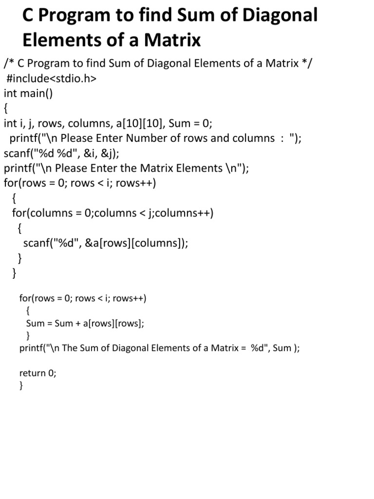 C Program To Find Sum of Diagonal Elements | PDF | Teaching Methods & Materials