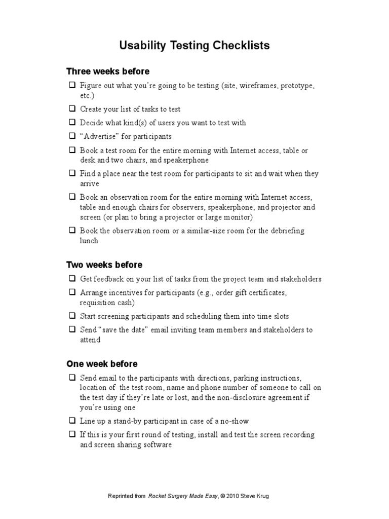 Usability Testing Checklists: Three Weeks Before | PDF | Usability ...