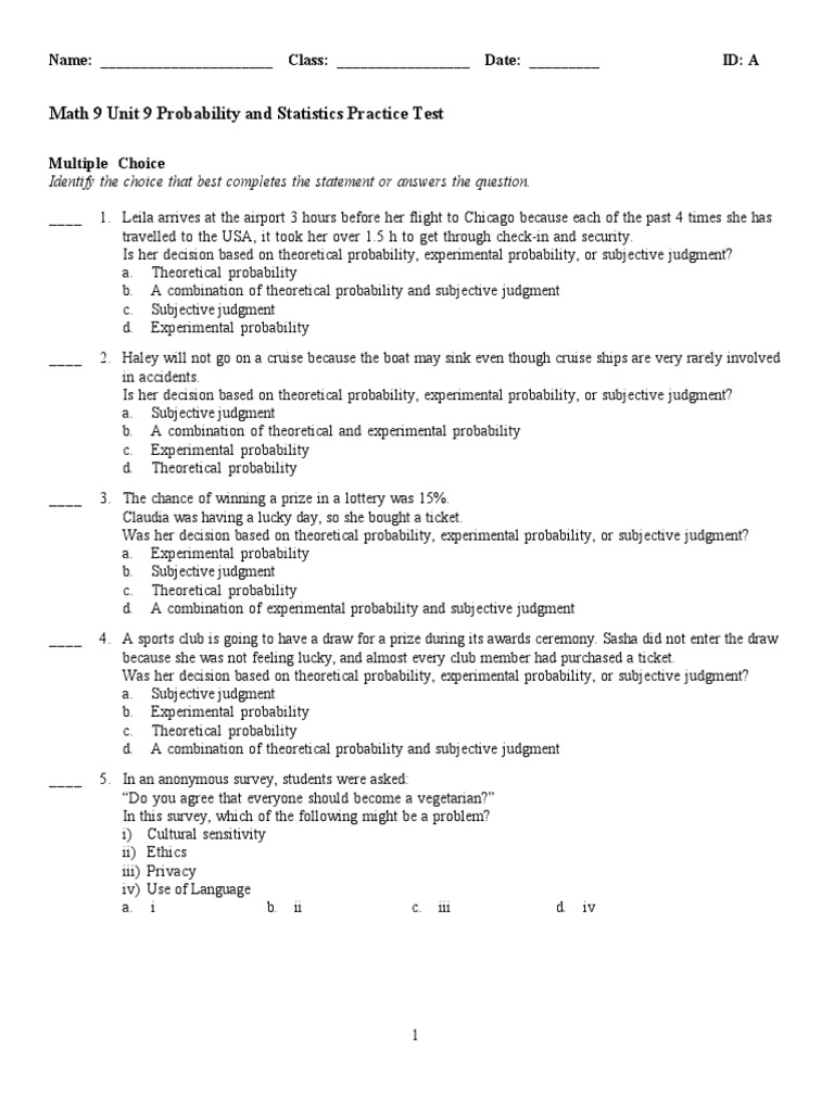 Math 9 Unit 9 Probability and Statistics Practice Test | PDF | Sampling ...