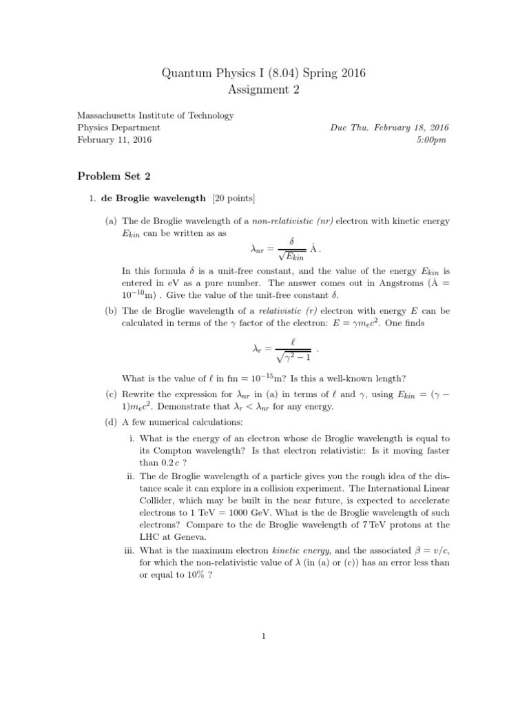 Quantum Physics I (8.04) Spring 2016 Assignment 2: Problem Set 2 | PDF | Electron | Electronvolt