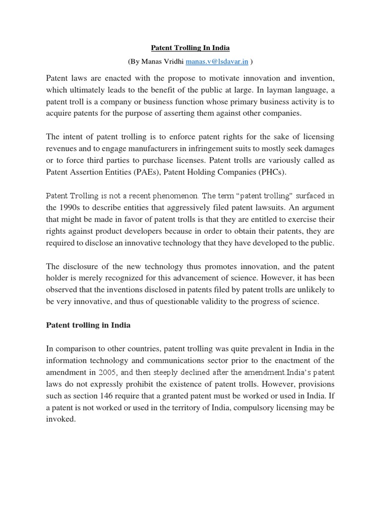Patent Trolling in India | PDF | Patent | Glossary Of Patent Law Terms