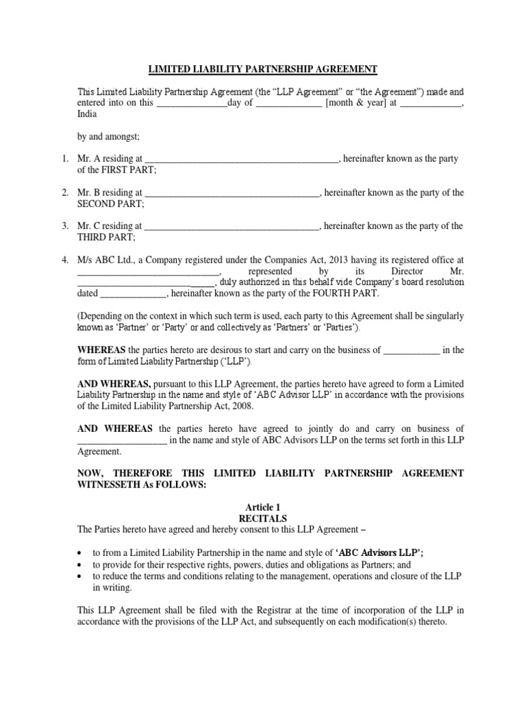 LLP Agreement Template for ABC Advisors | PDF | Limited Liability ...