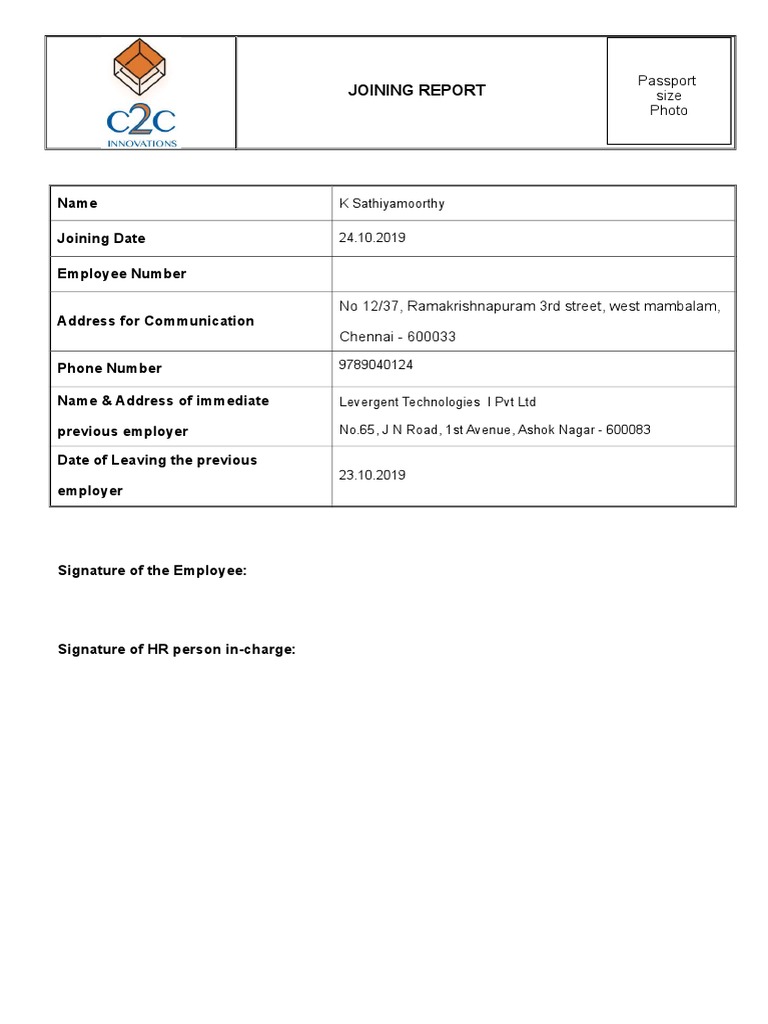 Employee Joining Report for K Sathiyamoorthy | PDF