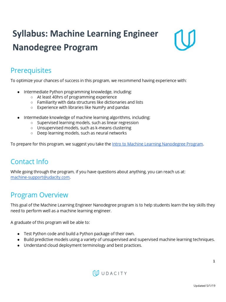 Machine Learning Engineer Nanodegree Program Syllabus PDF | PDF ...