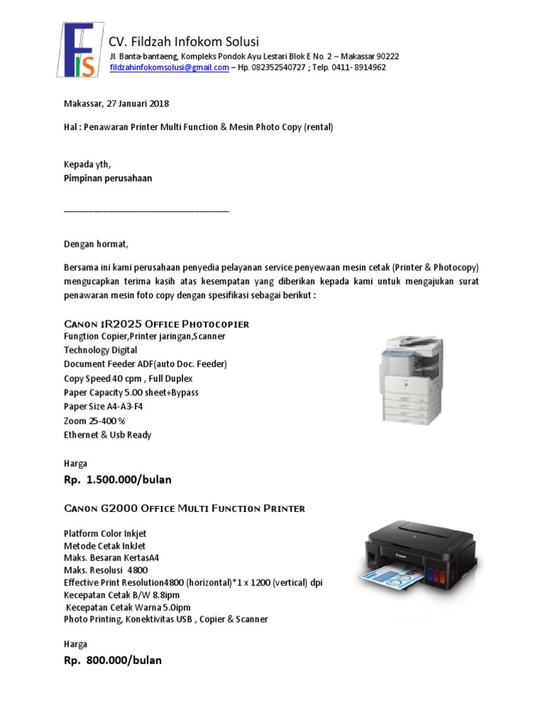 Penawaran Penyewaan Printer by FIS | PDF