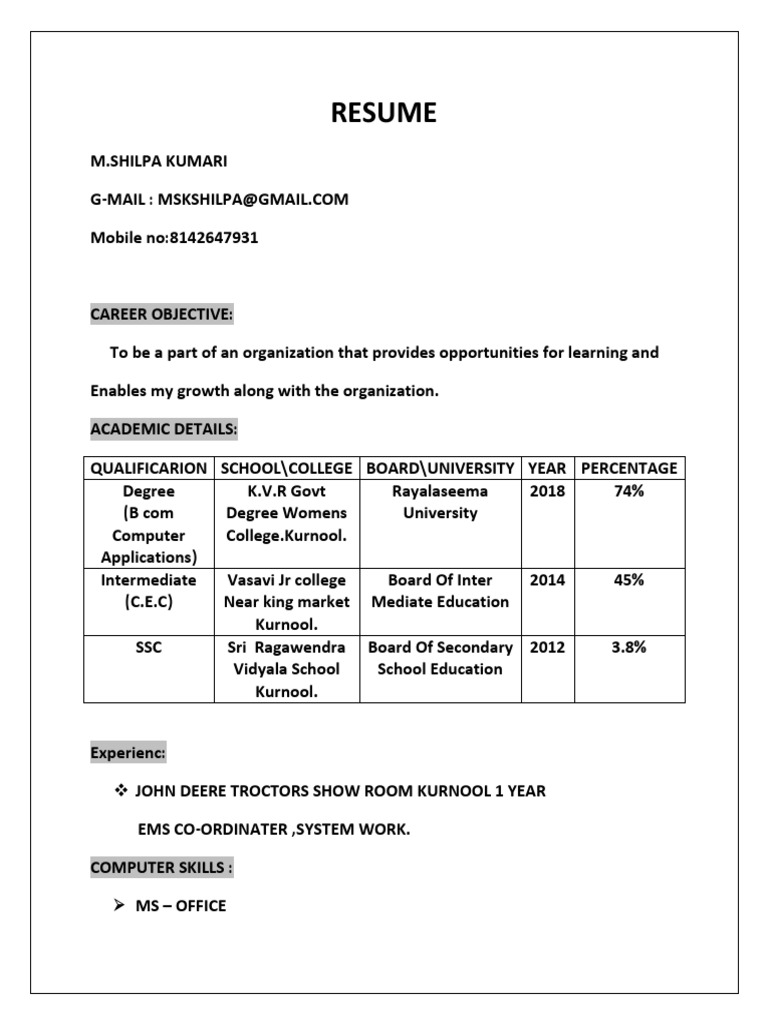 Resume: John Deere Troctors Show Room Kurnool 1 Year | PDF | Wellness