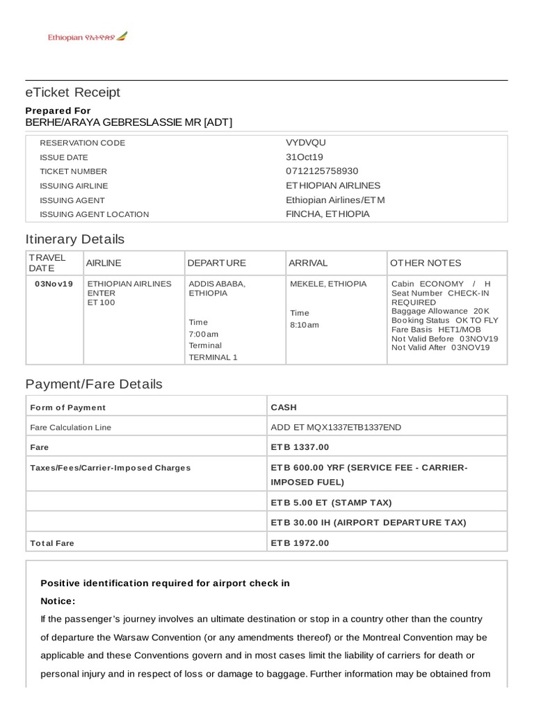 Electronic Ticket Receipt, November 03 For MR ARAYA GEBRESLASSIE BERHE ...