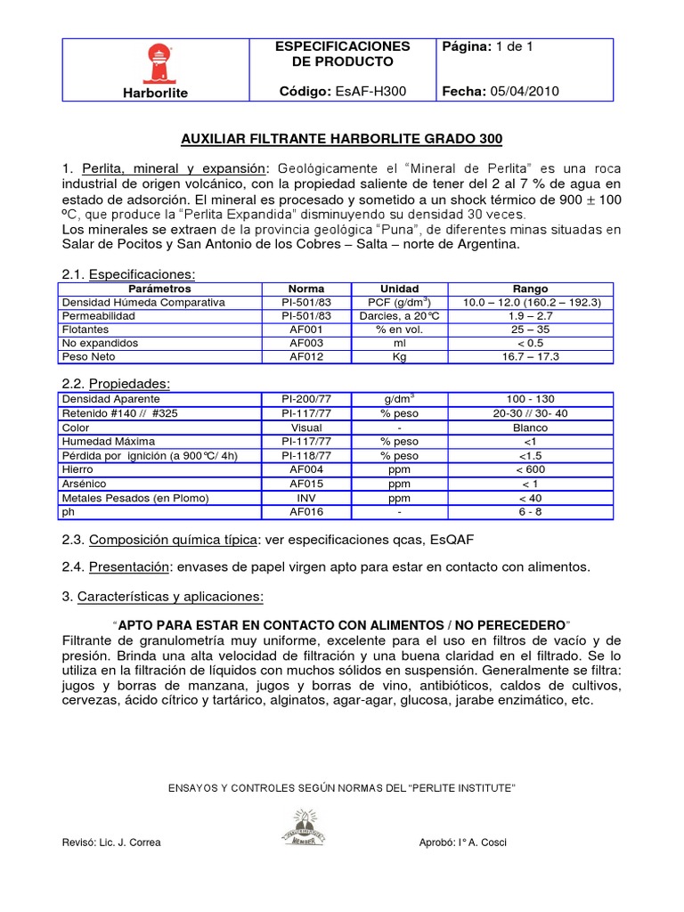 Especificaciones de Harborlite 900 | PDF | Filtración | Minerales