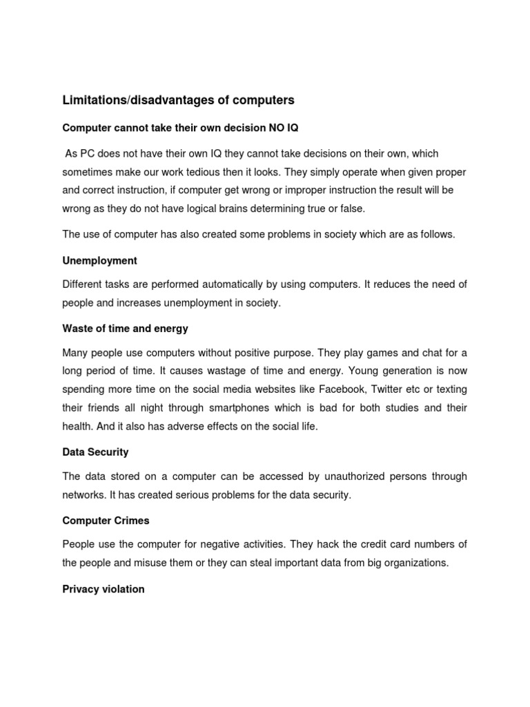 Limitations/disadvantages of Computers: Computer Cannot Take Their Own ...