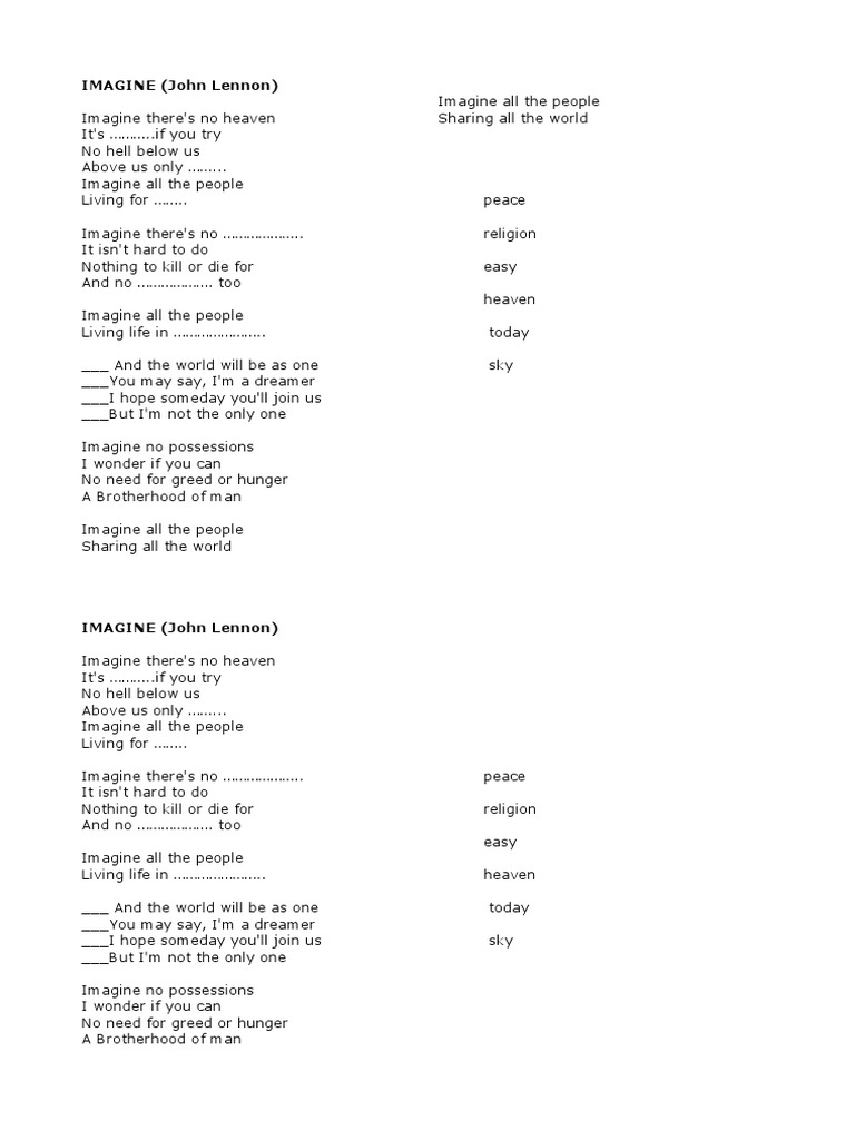 IMagine. Canción de John Lennon Con Ejercicios | PDF