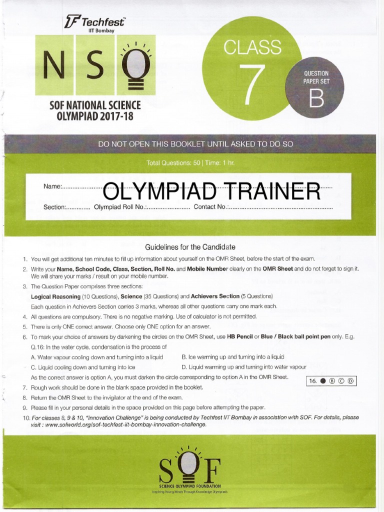 NSO-SOF National Science Olympiad 2017-18 Answer Key | PDF