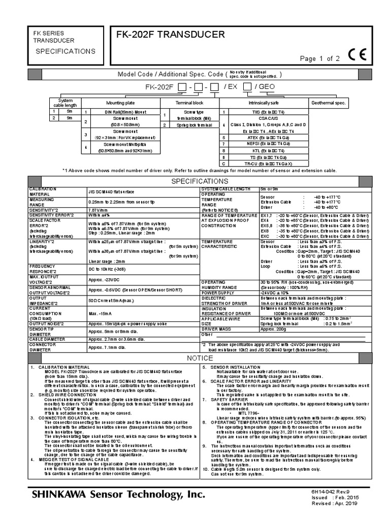 Fk-202F Transducer: Specifications | PDF | Coaxial Cable | Electrical ...