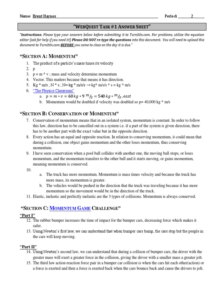WebQuest Task 1 Answers | PDF | Momentum | Collision
