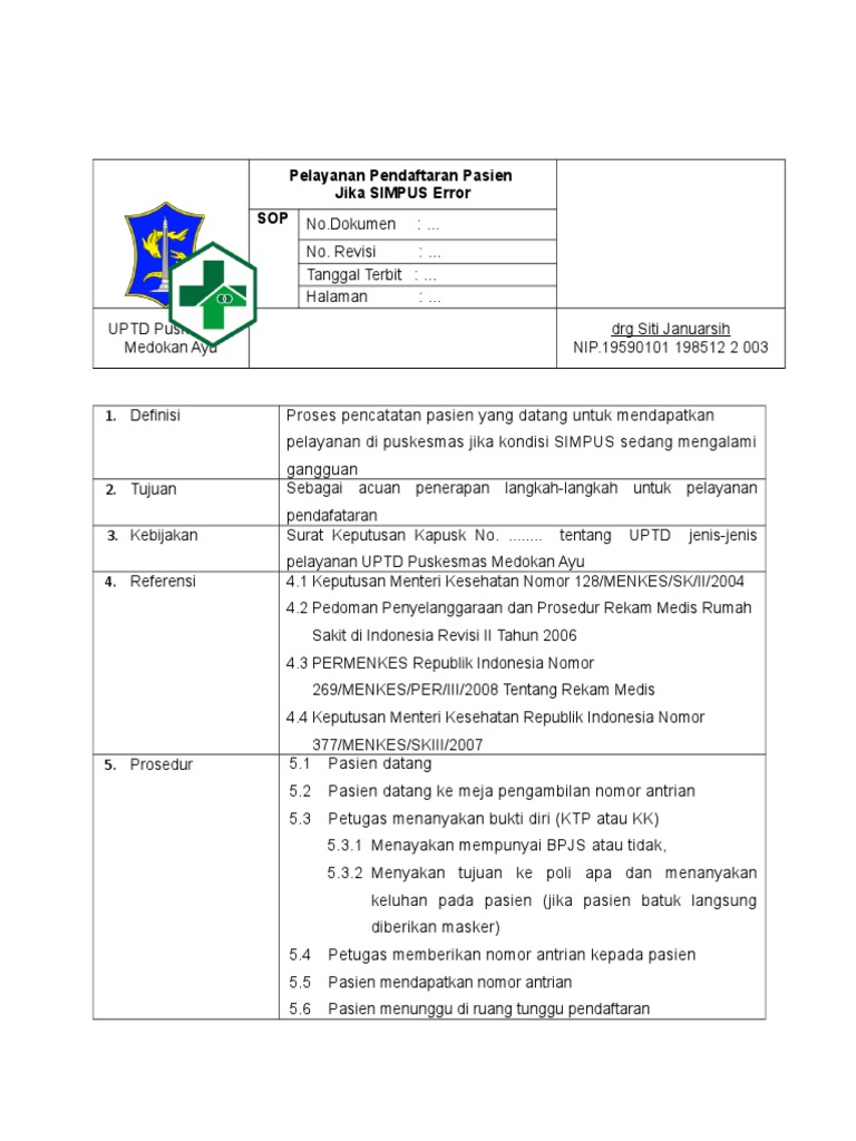 SOP Pelayanan Pendaftaran Pasien Jika Simpus Error | PDF