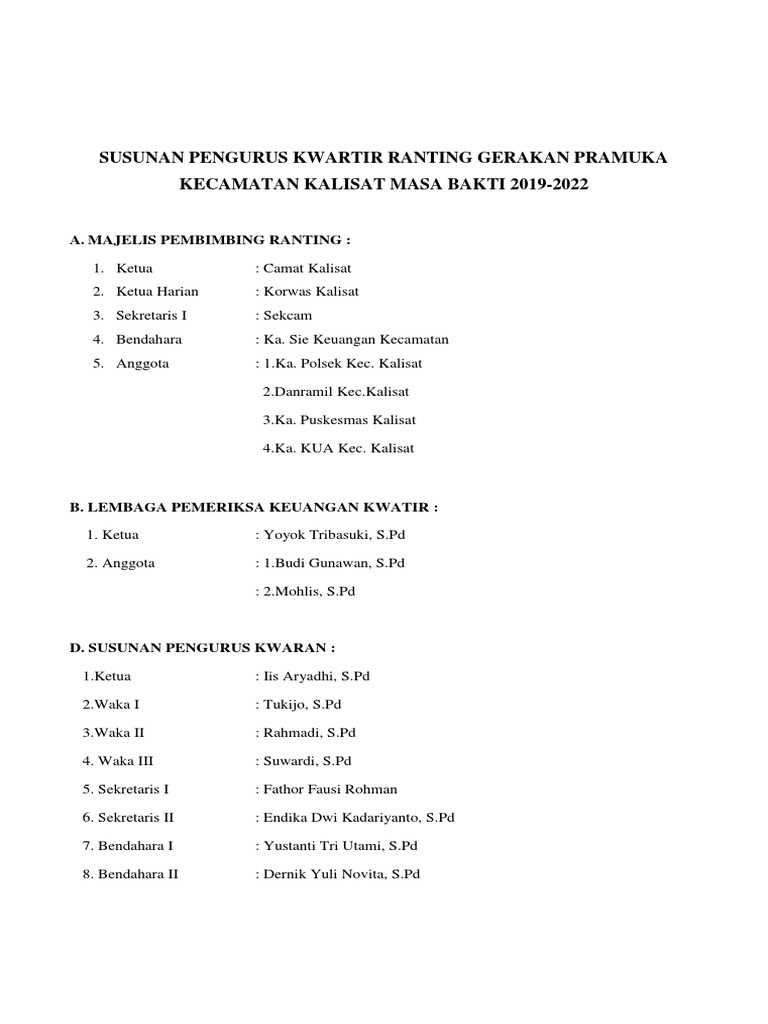 Susunan Pengurus Kwartir Ranting K Gerakan Pramuka | PDF | Politik ...