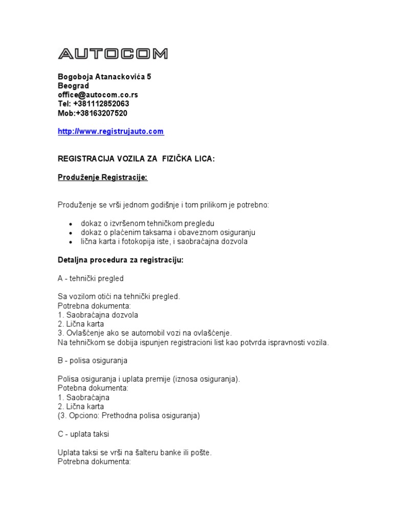 Registracija Vozila Za Fizicka Lica | PDF