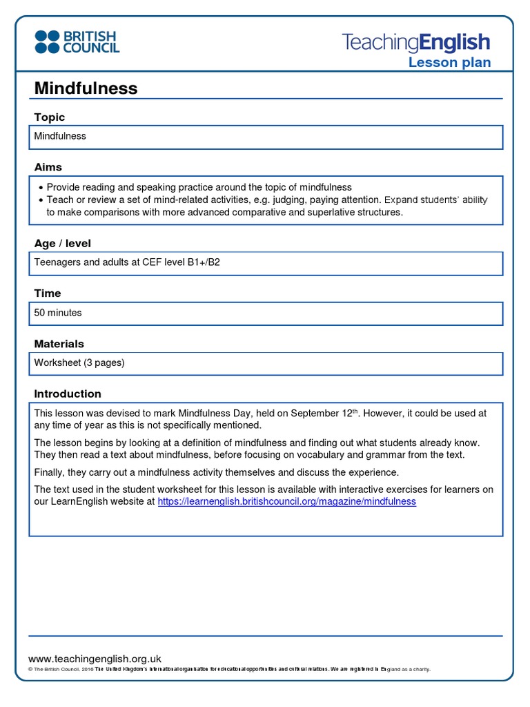 Mindfulness Lesson Plan | PDF | Mindfulness | Attention