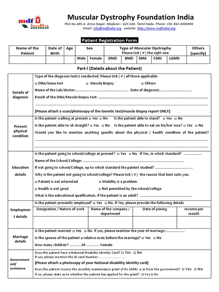 Muscular Dystrophy Foundation India: Patient Registration Form | PDF ...