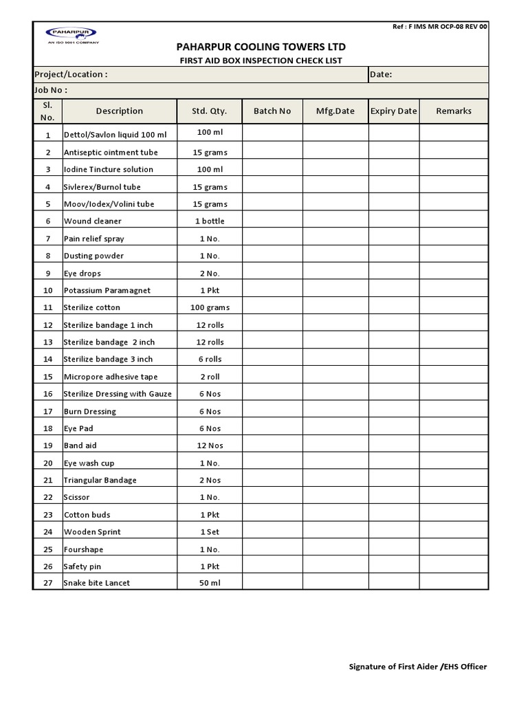 IMS-08 First Aid Box Checklist | PDF