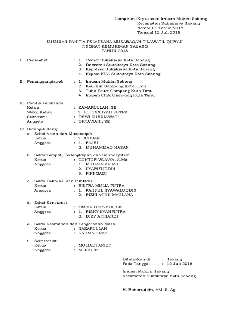 Susunan Panitia MTQ | PDF