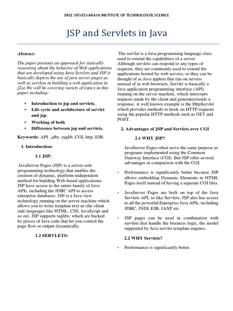 JSP and Servlets in Java: Abstract | PDF | Java Server Pages | Java Servlet