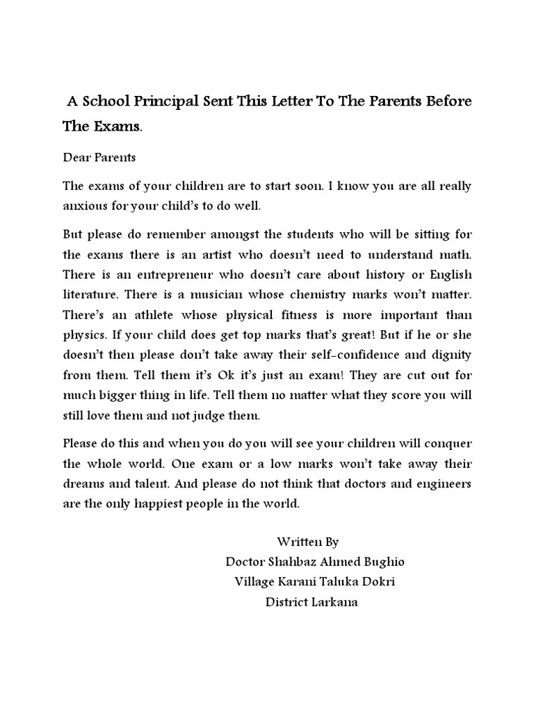 A School Principal Sent This Letter To The Parents Before The Exams | PDF