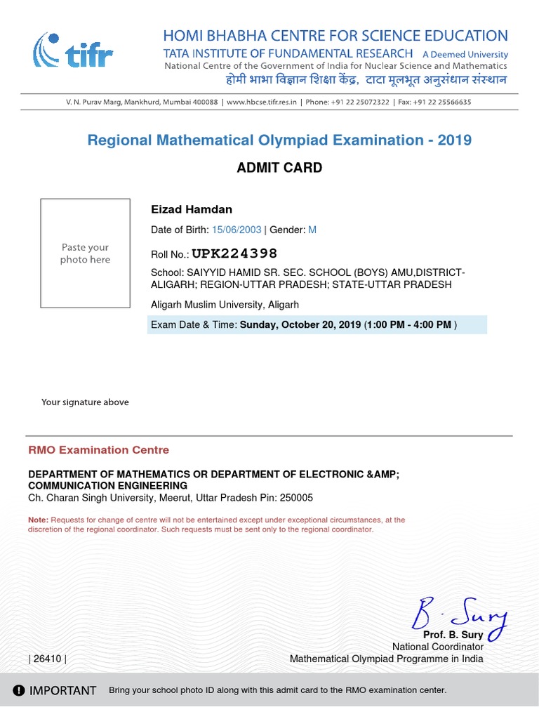 RMO 2019 Admit Card Instructions | PDF