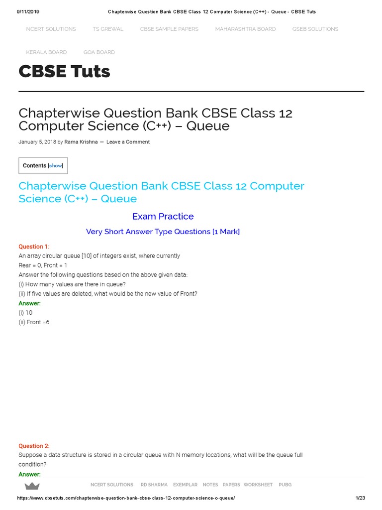 Cbse Tuts Chapterwise Question Bank Cbse Class 12 Computer Science C Queue Pdf Queue 