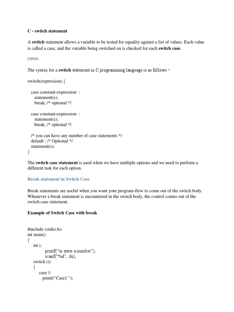 Yntax: C - Switch Statement | Download Free PDF | Control Flow | Computer Engineering