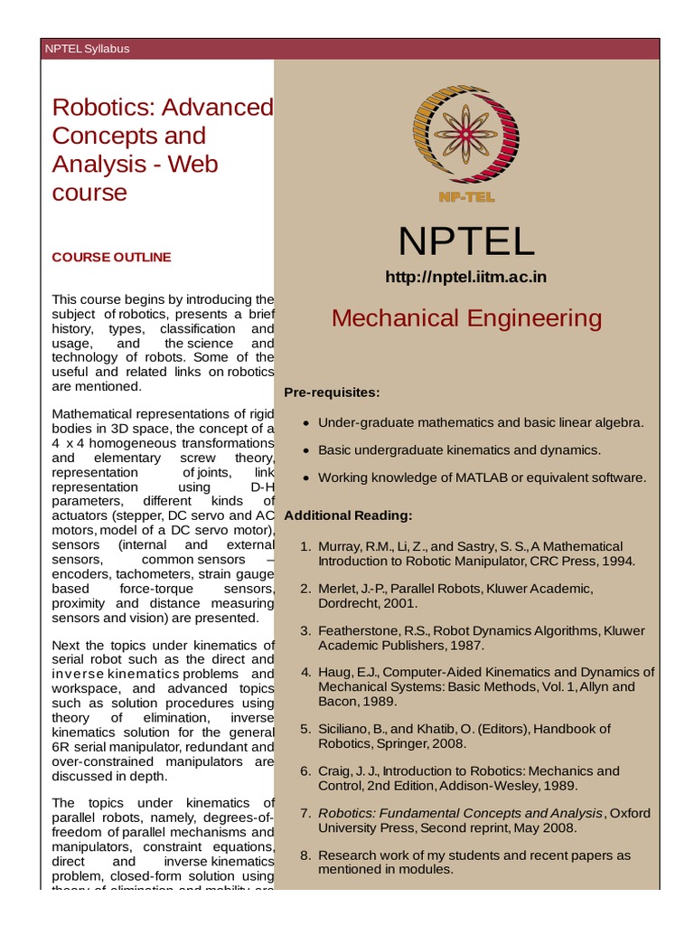 Nptel: Robotics: Advanced Concepts and Analysis - Web Course | PDF | Kinematics | Applied And ...
