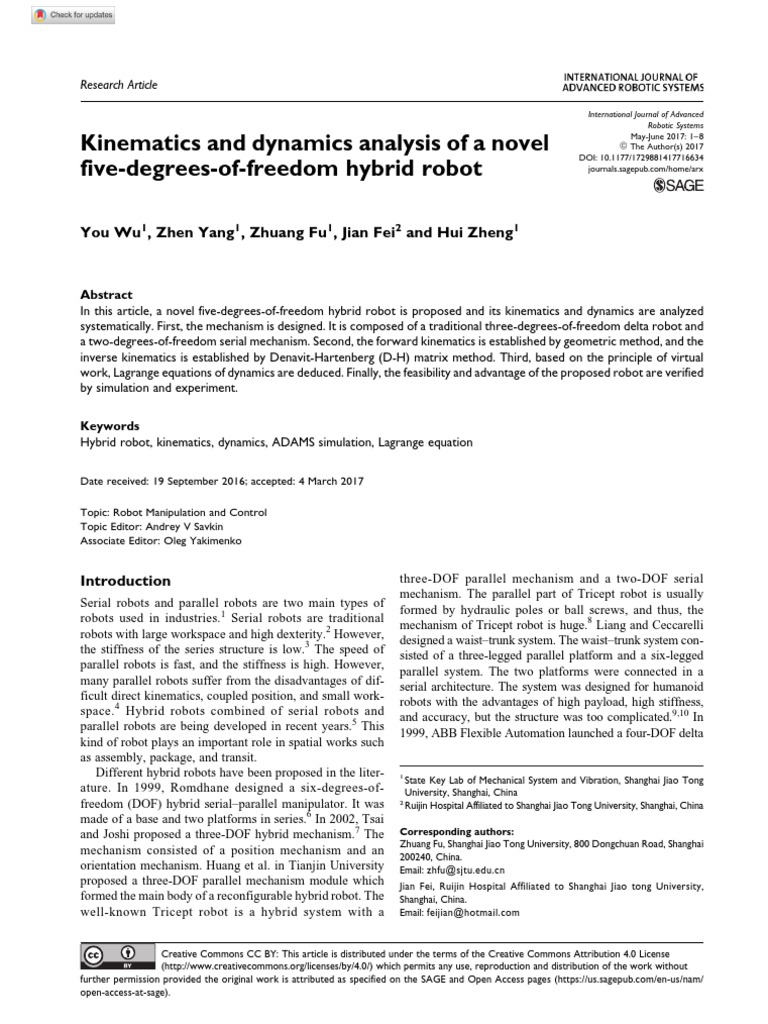Kinematics and Dynamics Analysis of A Novel Five-Degrees-Of-Freedom Hybrid Robot | PDF ...