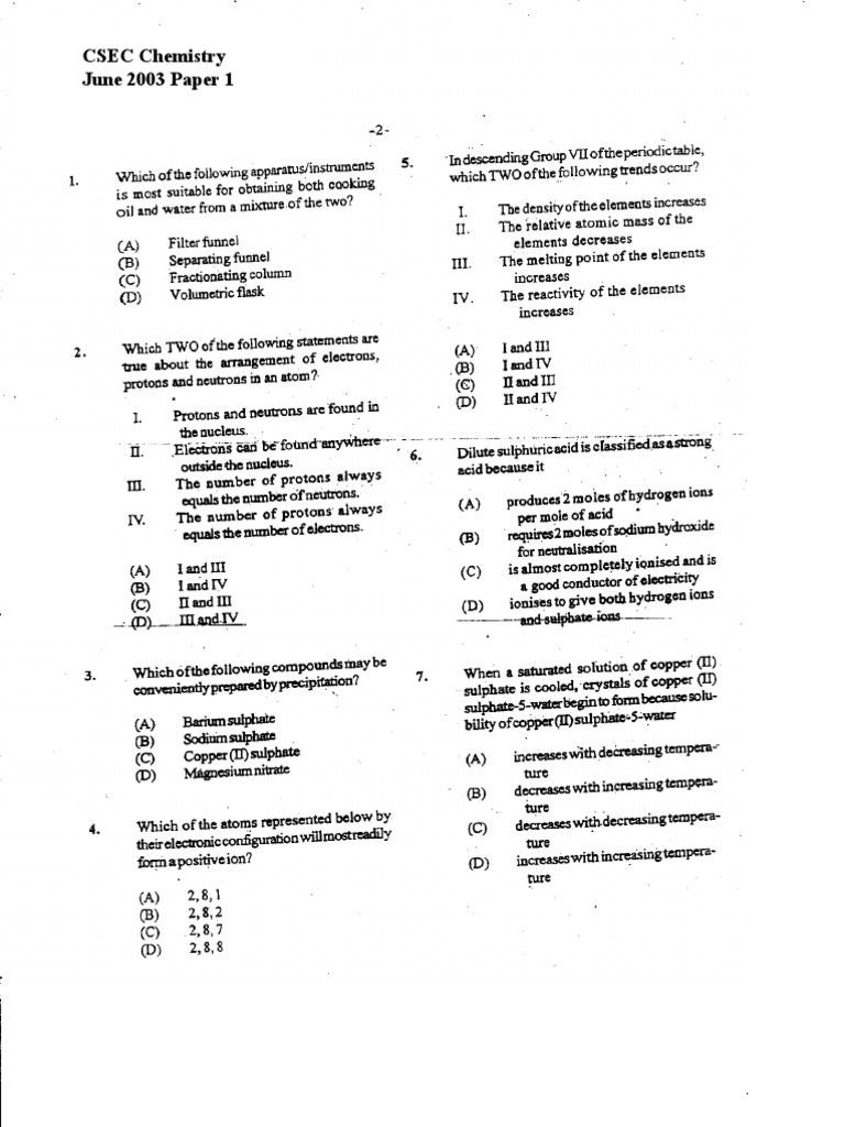 CSEC Chemistry June 2003 P1 | PDF | Oxide | Hydrogen