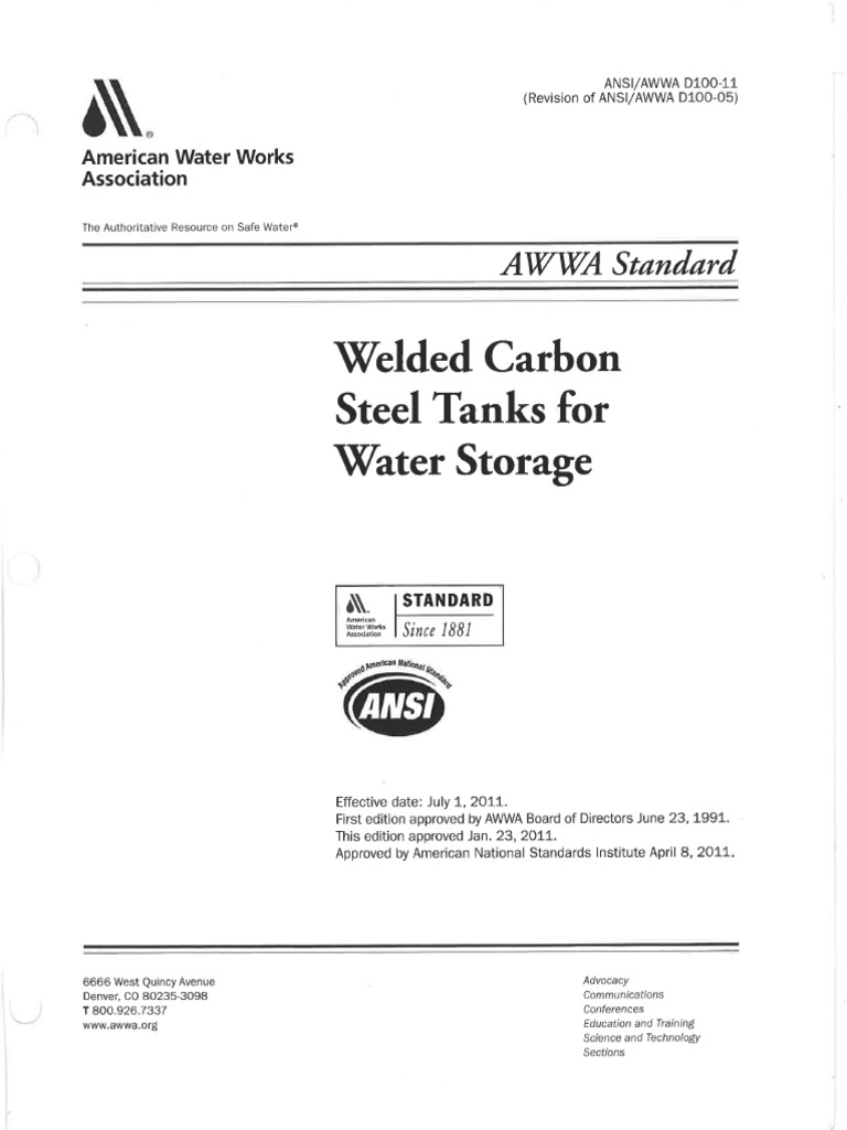 AWWA D100-11 Welded Carbon Steel Tanks For Water Storage | PDF