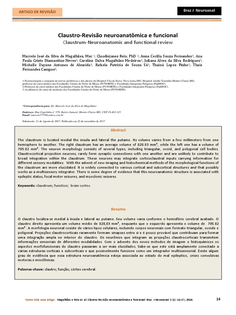 Claustro-Revisão Neuroanatômica e Funcional: Claustrum-Neuroanatomic ...
