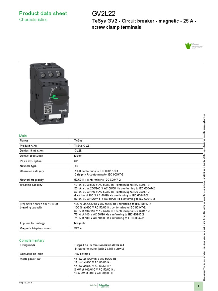 Product Data Sheet: Tesys Gv2 - Circuit Breaker - Magnetic - 25 A ...