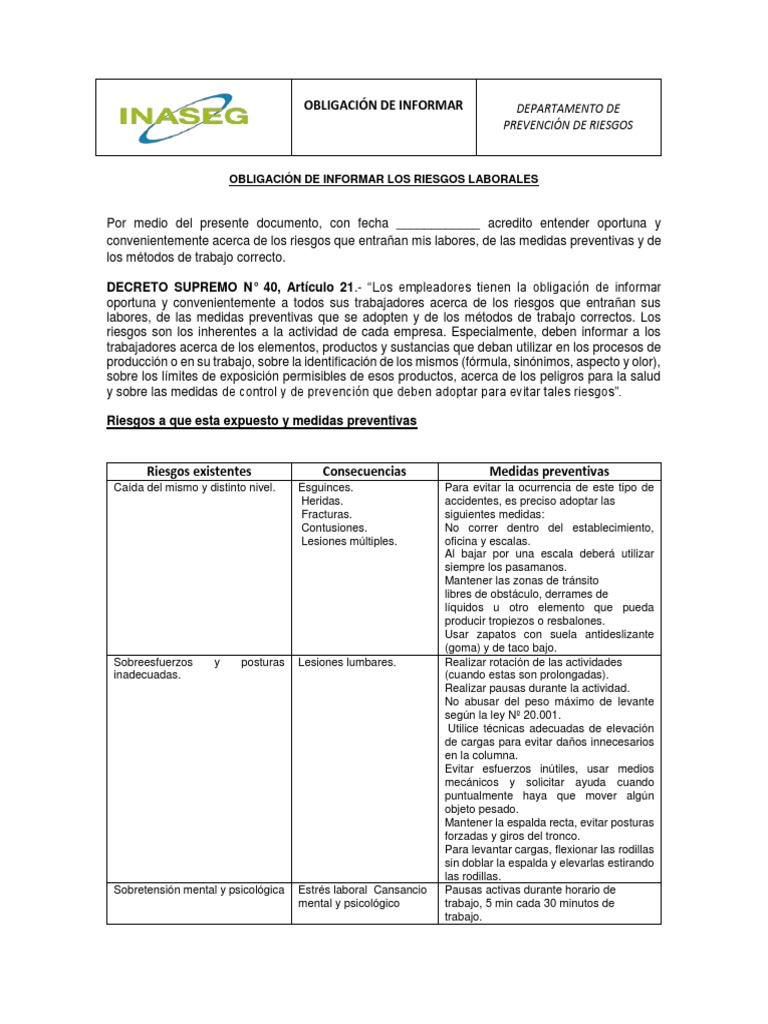 Obligación de Informar Riesgos Laborales | PDF | Naturaleza | Salud y bienestar