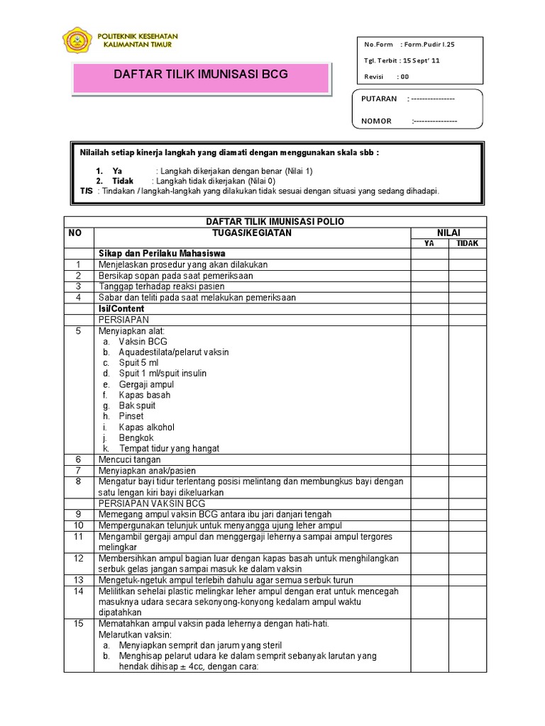 Daftar Tilik Imunisasi BCG | PDF