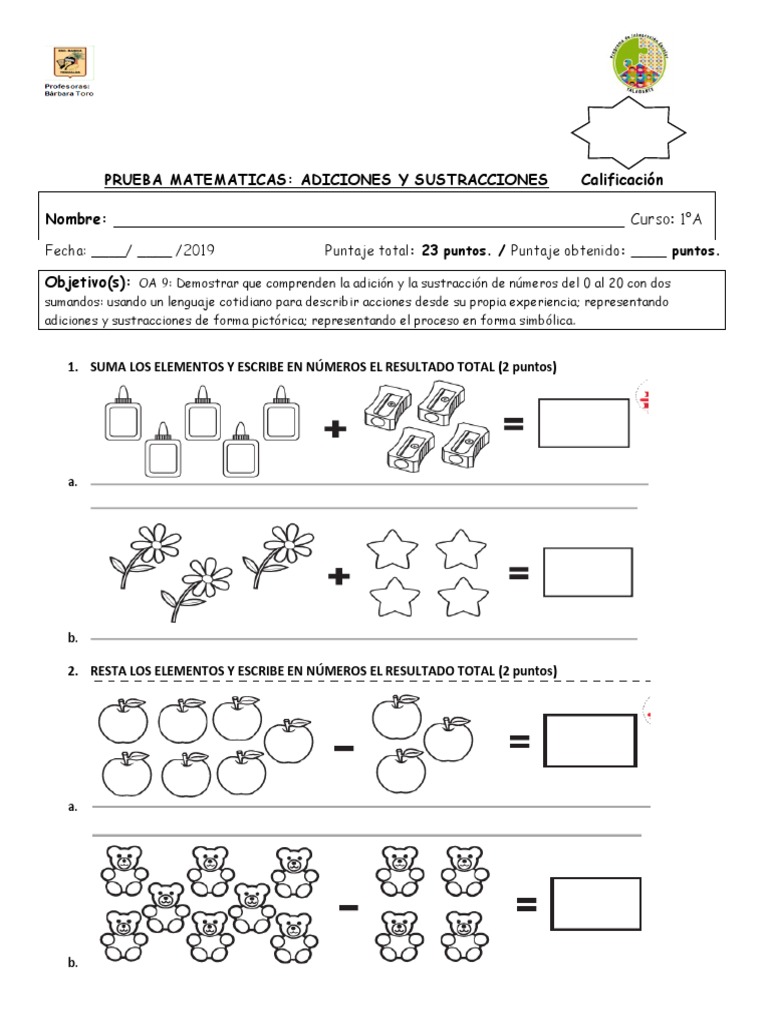 Prueba Matemáticas Sumas y Restas | PDF