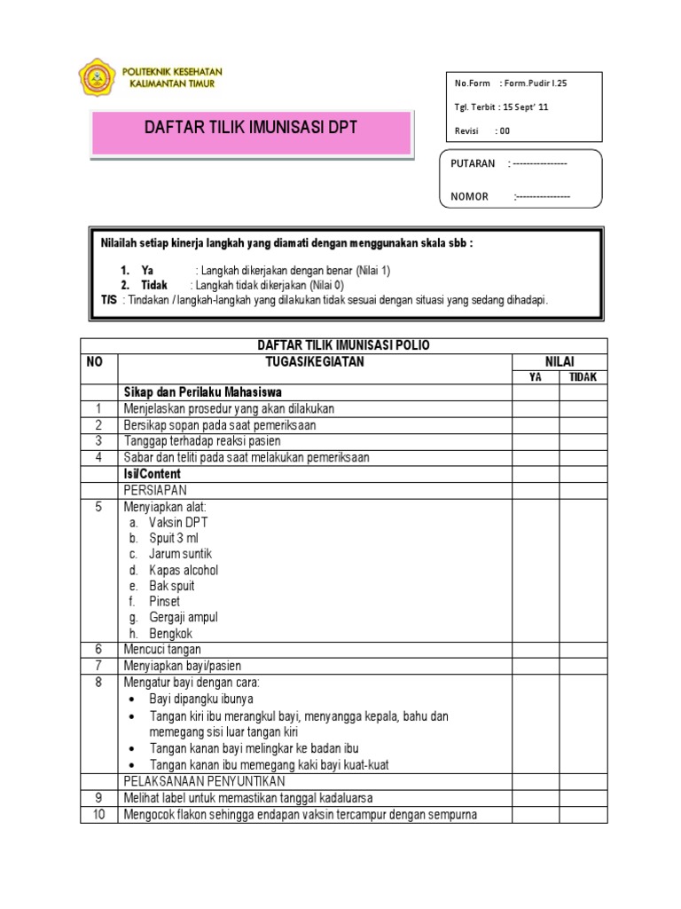 Daftar Tilik Imunisasi DPT | PDF