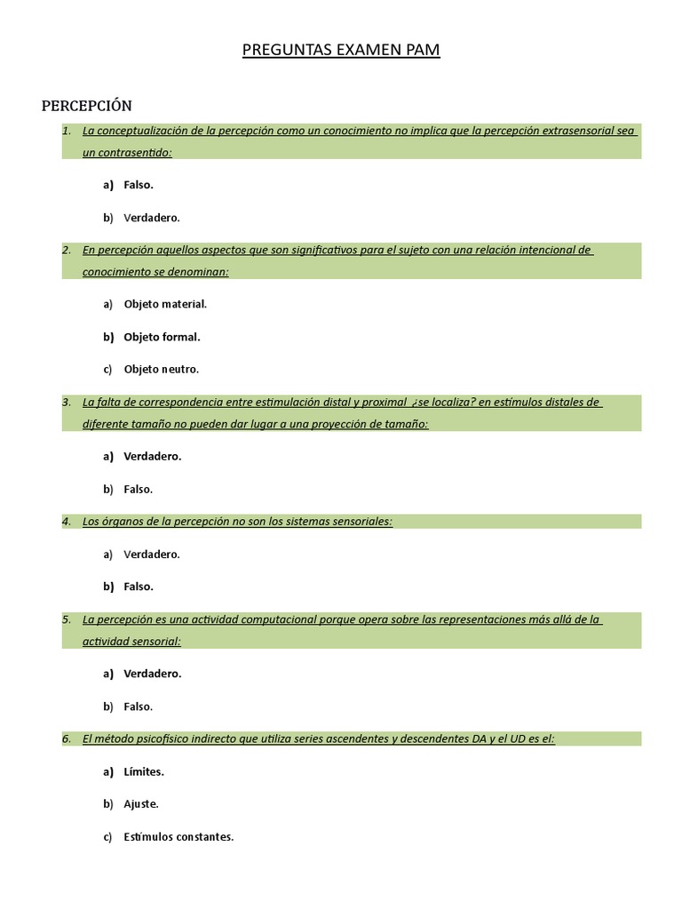 Preguntas Examen Pam | PDF | Percepción | Memoria